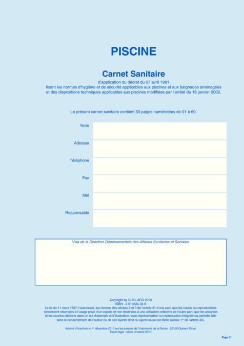 Carnet sanitaire des eaux de piscine | | Source : www.guillard-publications.com